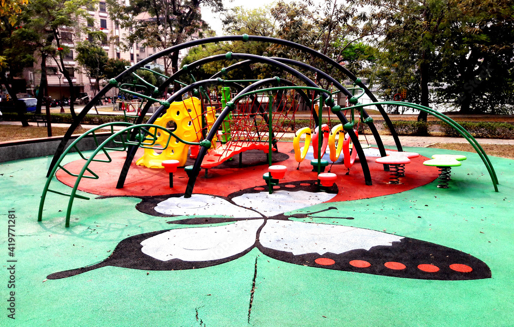 Rubber floor. Children's playground equipment playground paved on the ...