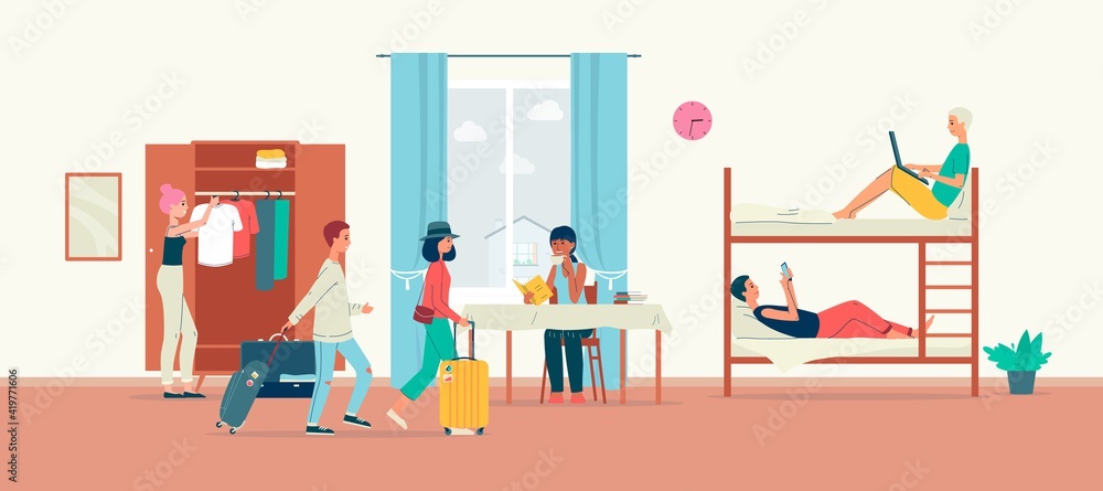 Hostel room interior with cartoon people and bunk beds. Stock Vector ...