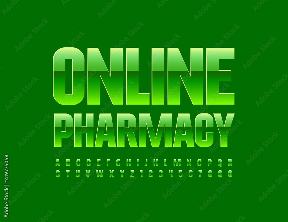 Vector green emblem Online Pharmacy. Glossy modern Font. Set of ...