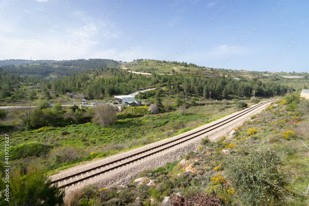 The railroad tracks of the Israel Railways in the Jerusalem Forest ...