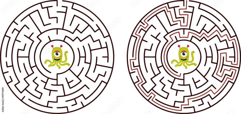 round maze. Game for kids. Children s puzzle. Many entrances, one exit ...