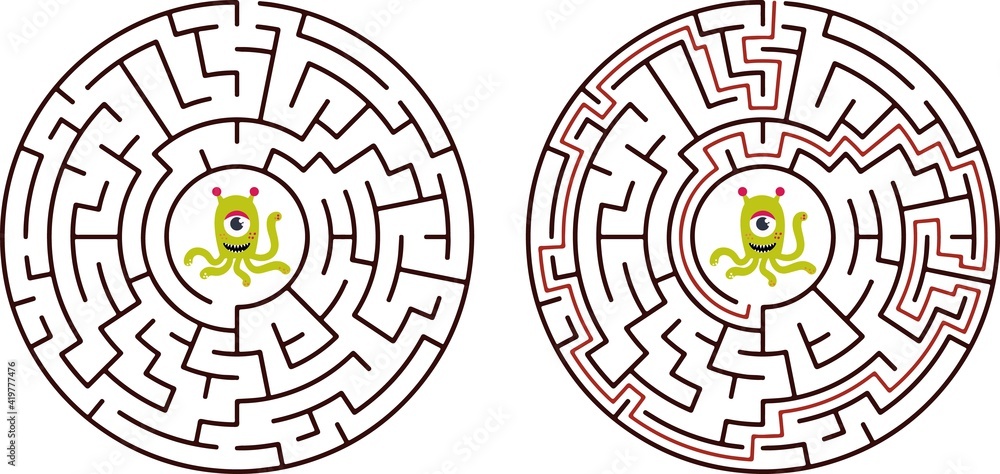 round maze. Game for kids. Children s puzzle. Many entrances, one exit ...