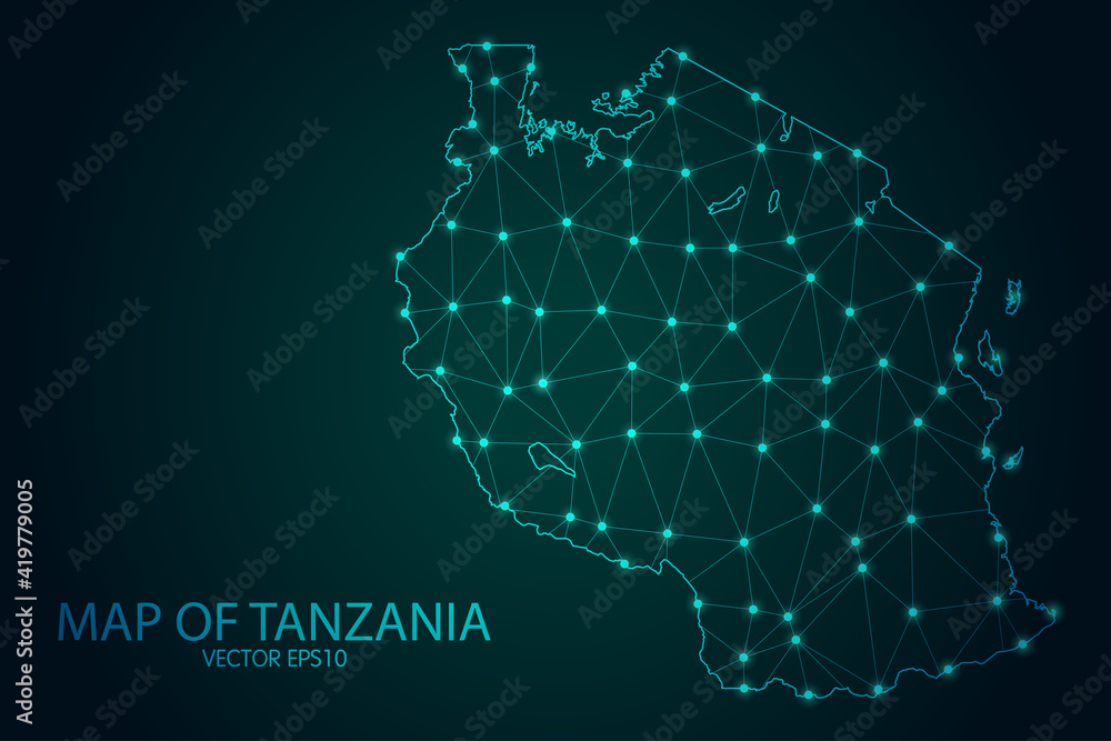 Map of Tanzania - With glowing point and lines scales on The Dark ...