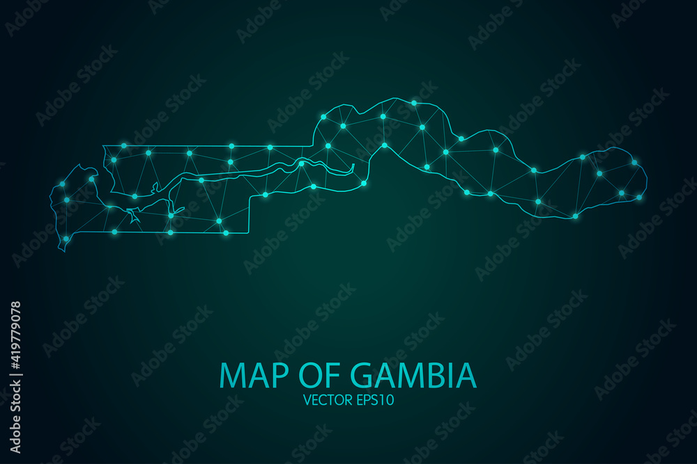 Map of Gambia - With glowing point and lines scales on The Dark Gradient Background, 3D mesh ...