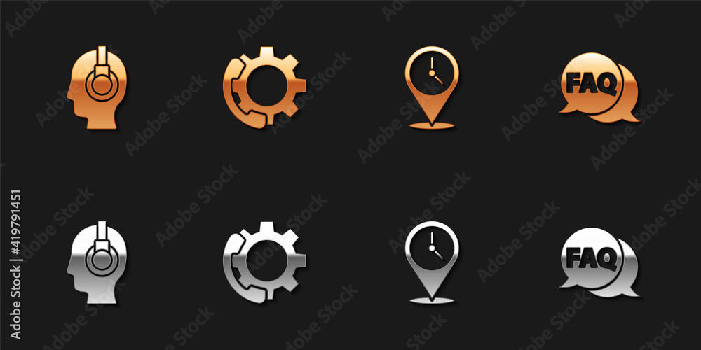 Set Support operator in touch, Telephone 24 hours support, Location with clock and Speech bubble ...