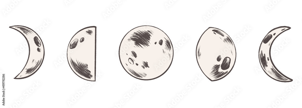 Moon phase handmade sketch vintage faded. Pencil art. Print for tattoo ...