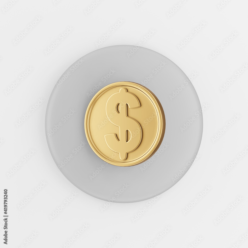 Dollar gold coin icon in cartoon style. 3d rendering gray round button key, interface ui ux ...