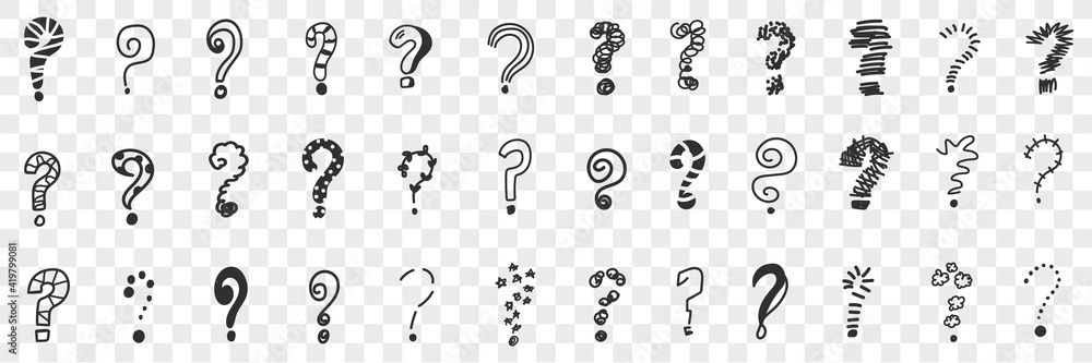Question marks in row doodle set. Collection of hand drawn various ...