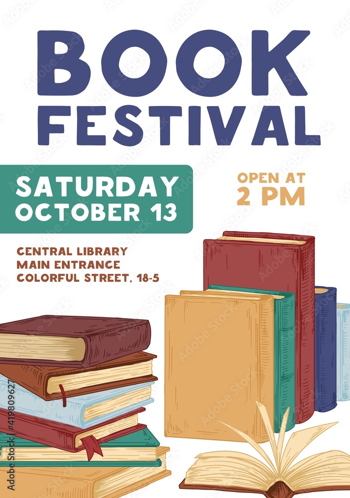 Design of vertical poster with announcement about book-reading festival ...