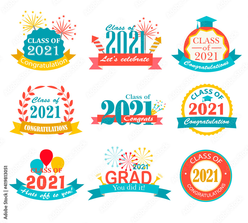 Bright graduation 2021 badges, signs and symbols with graduation cap ...