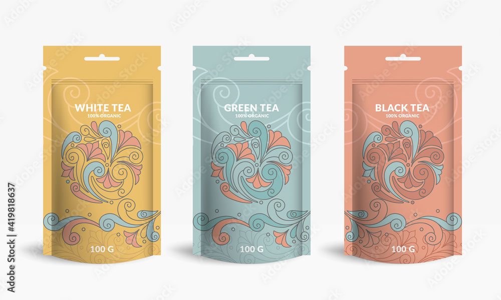 Set of tea packaging design with zip pouch bag mockup. Vector ornament ...
