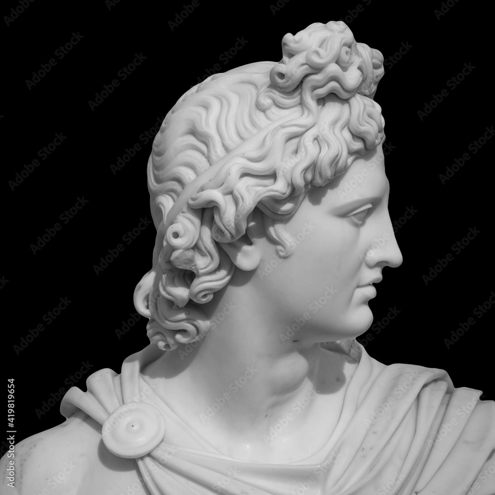 White gypsum copy of ancient statue of Apollo God of Sun head isolated ...