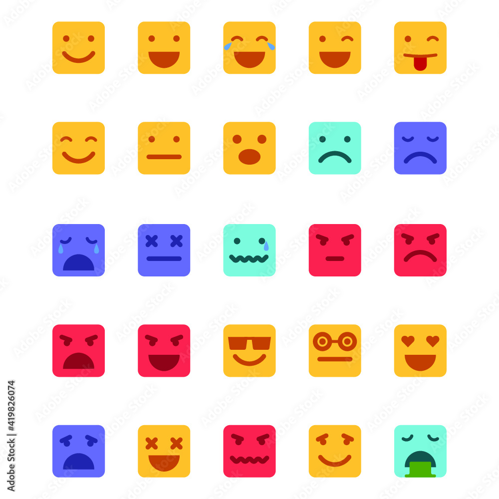 Vector illustrations set of square-shaped multicoloured emoji on white ...