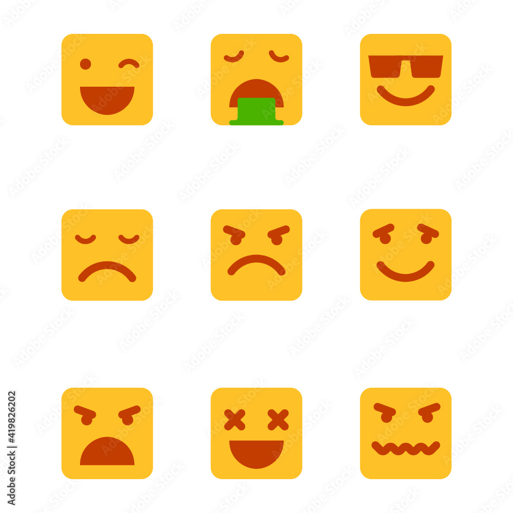 Vector illustrations set of square-shaped yellow emoji on white ...