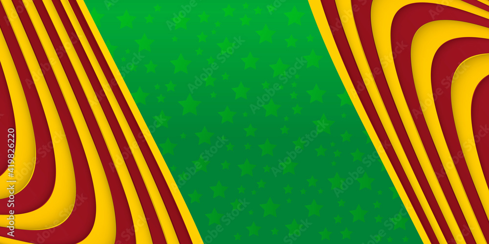 Abstract green stars background with red yellow wave frame ribbons ...