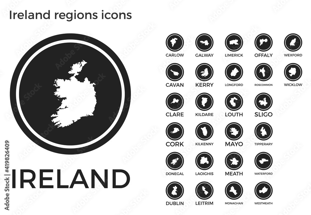 Ireland regions icons. Black round logos with country regions maps and ...