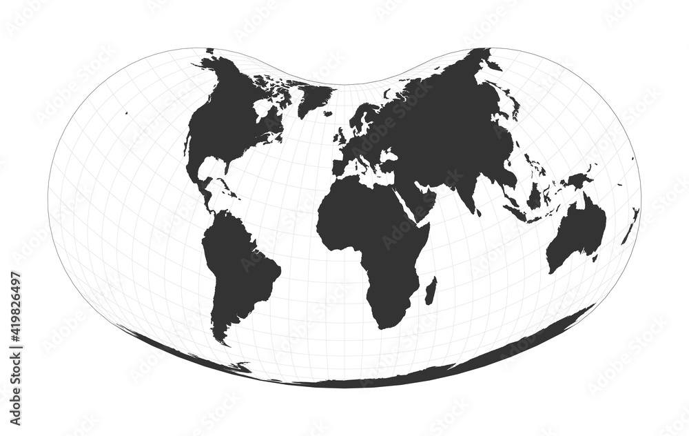 Map of The World. Hill eucyclic projection. Globe with latitude and ...