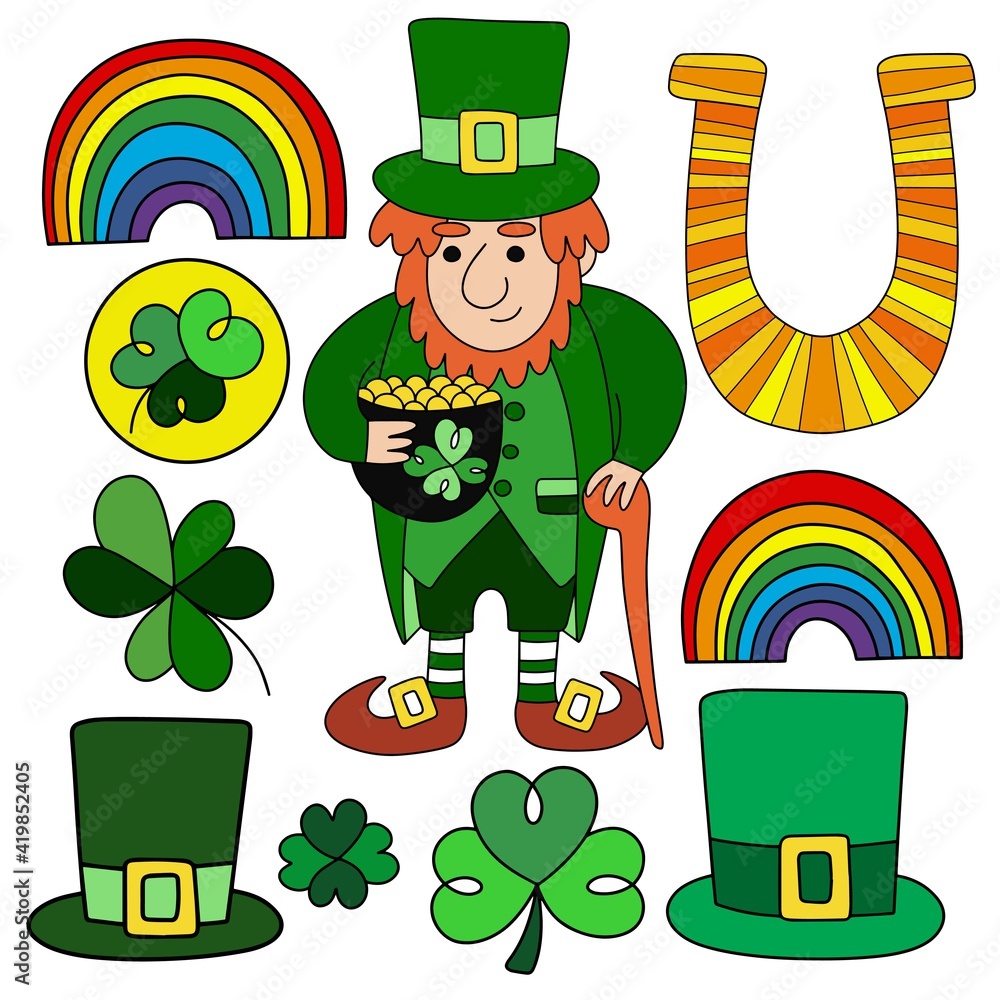 Patrick Day cartoon colorful set stock vector illustration. Leprechaun ...