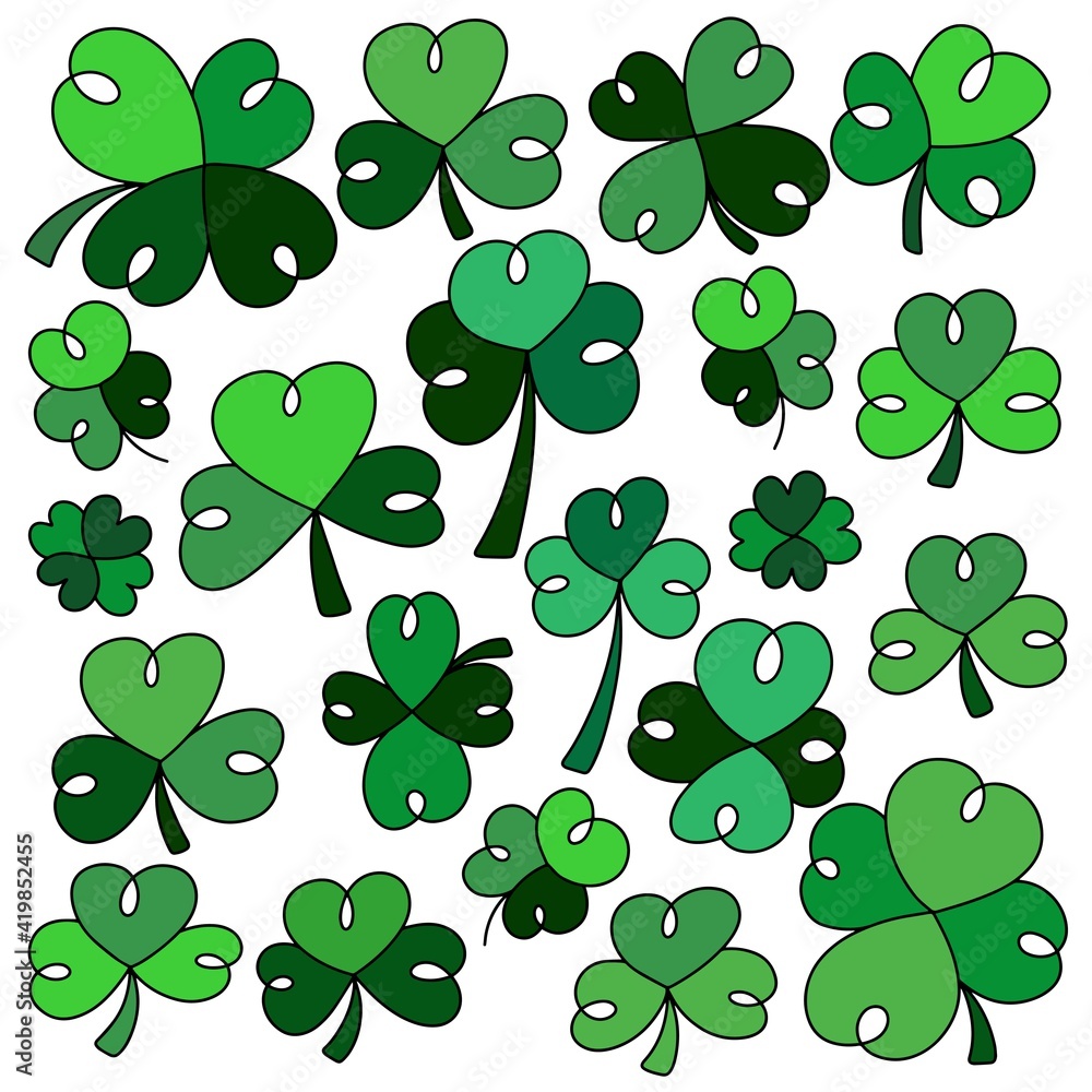 Clovers and shamrocks set stock vector illustration. Cartoon trefoils ...