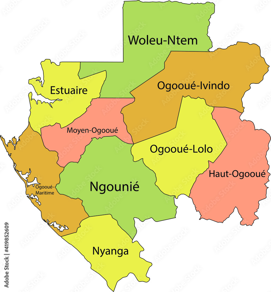 Pastel vector map of the Gabonese Republic with black borders and names ...