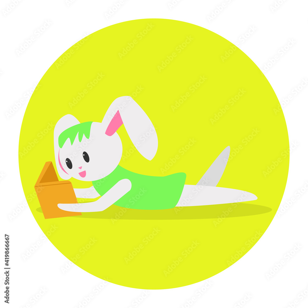 Cartoon flat cute lying rabbit reading a book. Design for easter. Can ...
