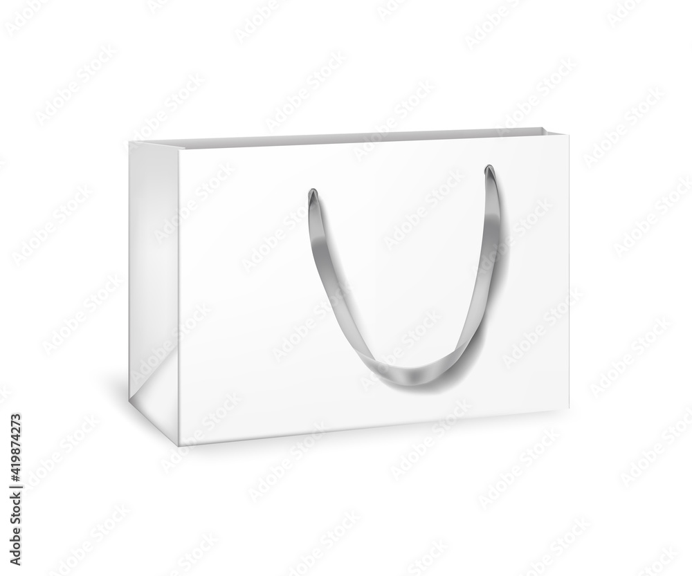 White cardboard bag. Blank gift or shopping package with ribbon handle ...