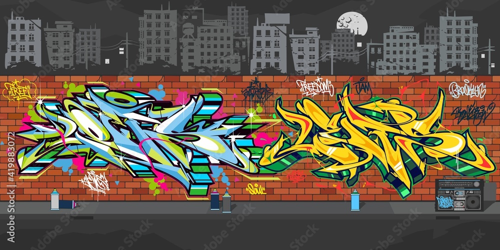 Dark Streetart Graffiti Wall With Drawings At Night Against The ...