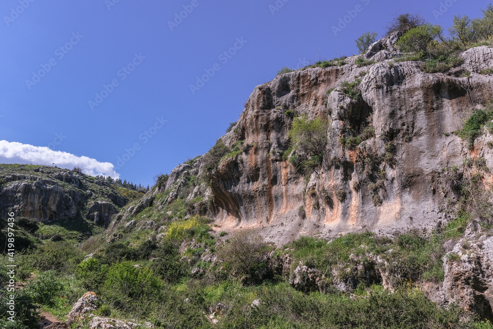 Foto de Colorful karstic rock formations in the narrow canyon of Nahal ...