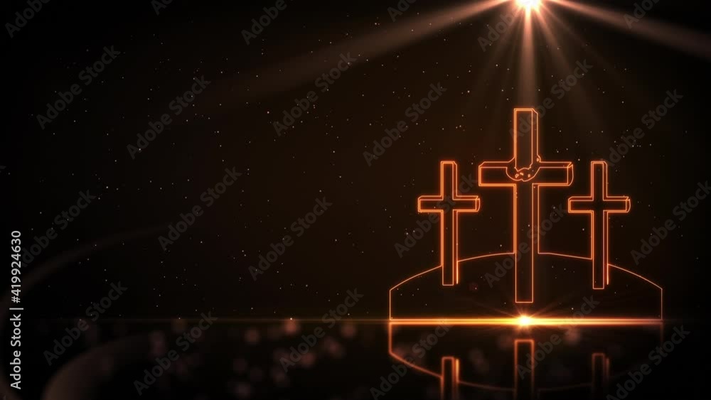 Three crosses on a hill drawn with golden light on dark background with ...