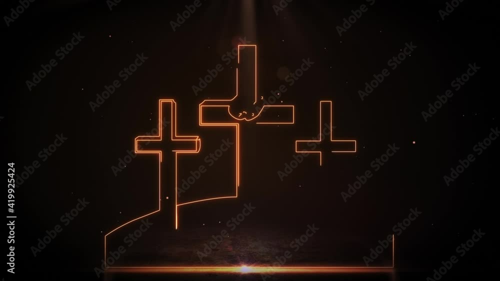 Three crosses on a hill drawn with golden light on dark background with ...