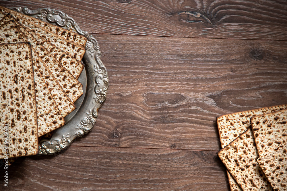 Pesach background. Passover Jewish. Matzah on the on the wood table ...