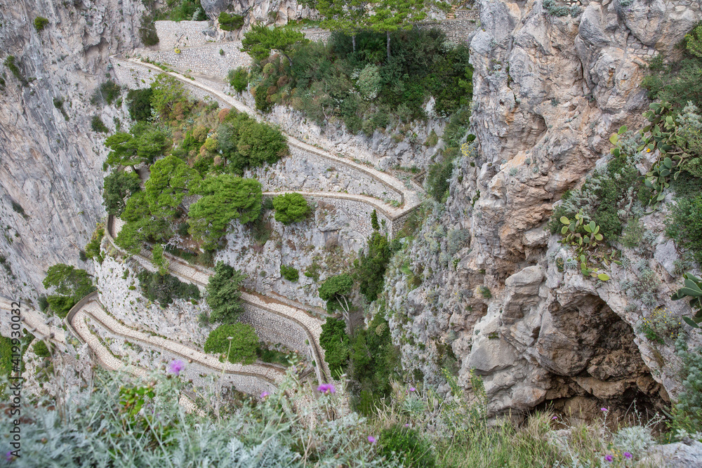 View of Via Krupp Street in Capri Island. The spectacular serpentine ... View of Via Krupp Street in Capri Island. The spectacular serpentine ...