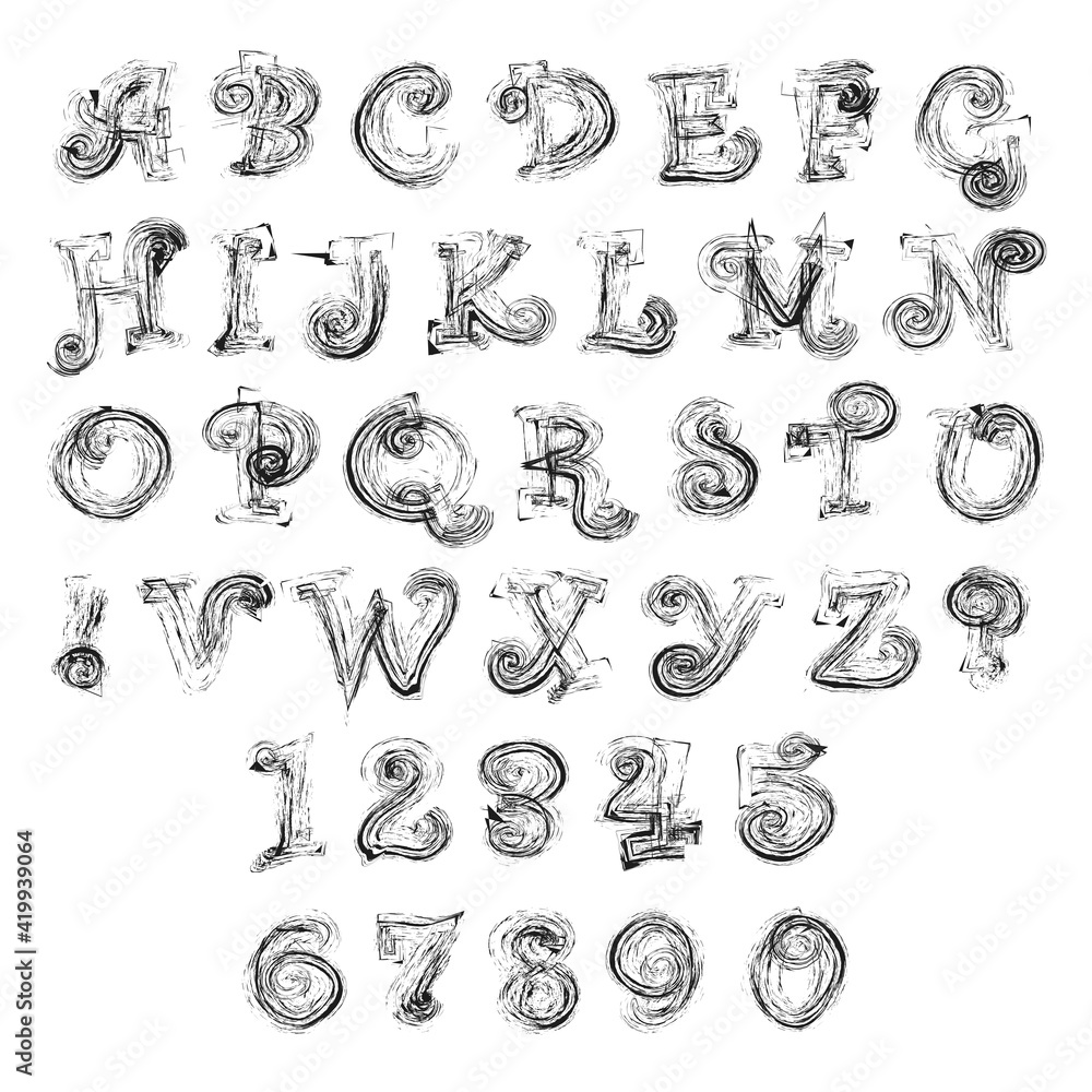 Raster set: capital letters of the Latin alphabet, exclamation ...