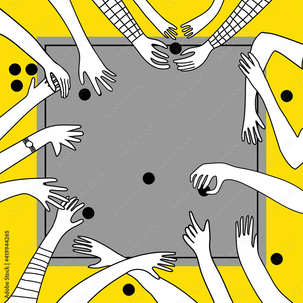 Funny doodle hand drawn hands in different gestures playing in table ...