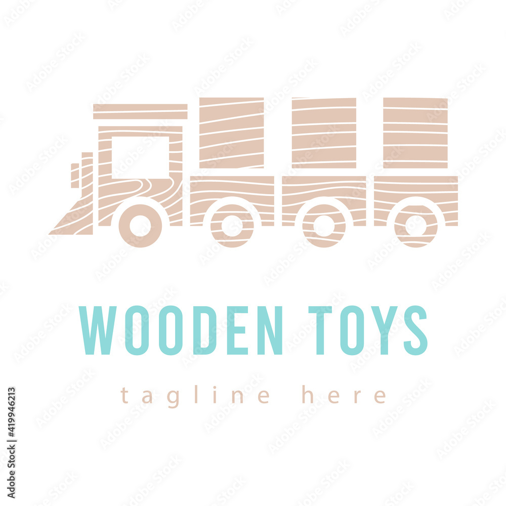 Funny Kids wooden toy railway Train cartoon flat logo.Design Template ...