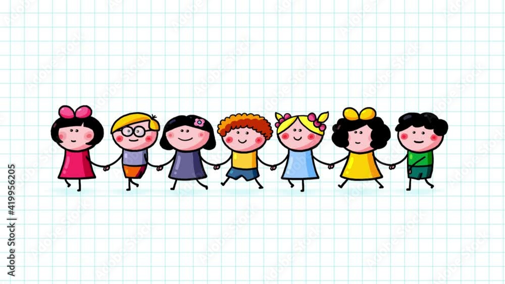 Happy cartoon group of children walking and holding their hands ...