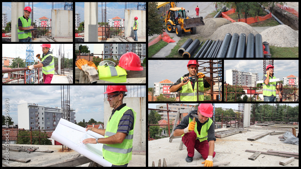 Construction workers or engineers at work in different situation ...