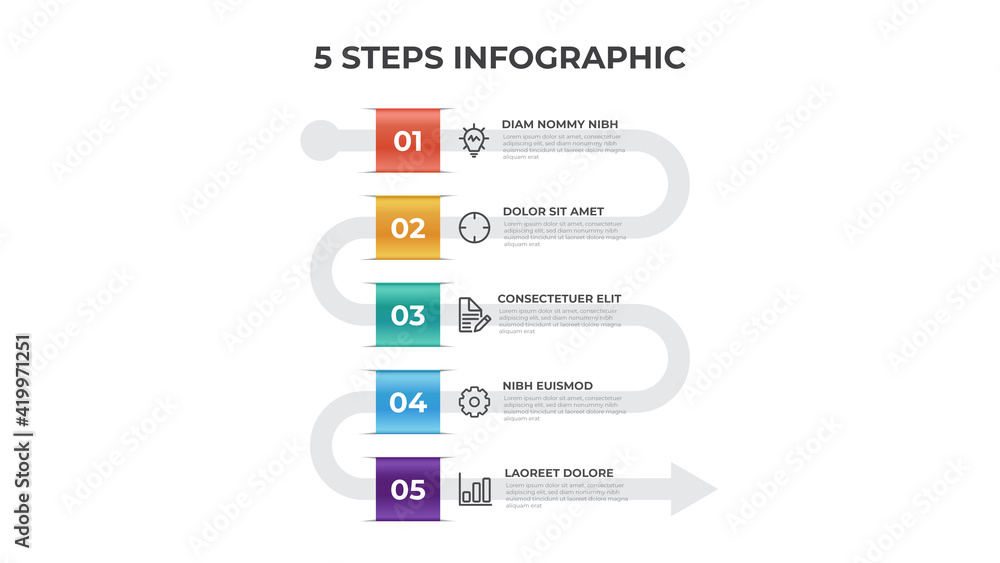 5 points of steps, arrow list flow diagram layout vector, infographic ...