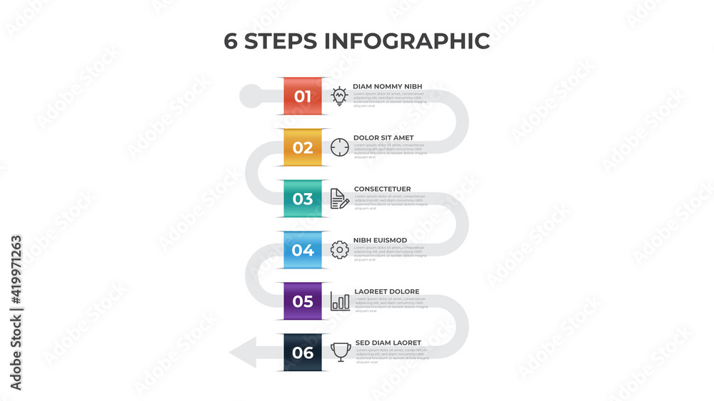 6 points of steps, arrow list flow diagram layout vector, infographic ...