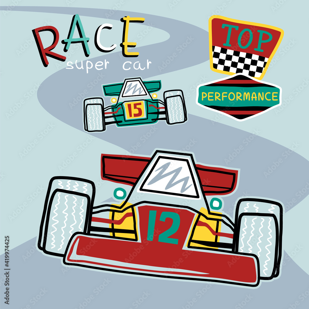 Vector cartoon of racing car on the race track with race symbol Stock ...