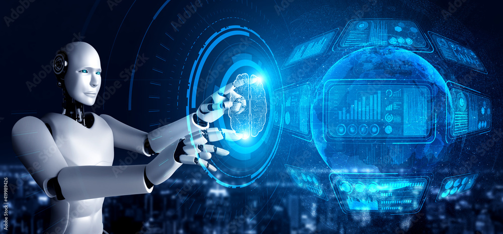 Naklejka aI humanoid robot touching virtual hologram screen showing ... Naklejka aI humanoid robot touching virtual hologram screen showing ...