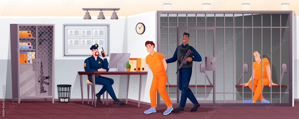 Policemen and prisoners in police station scene. Security department ...