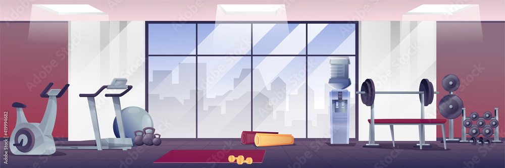 Fitness gym interior background. Room with sport equipment for workouts ...