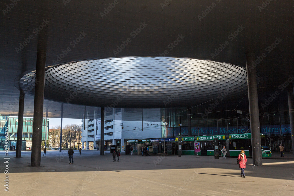 Basel, Switzerland - March 08, 2021: Tram stops and passengers at Basel ...