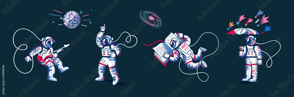 Funny astronaut in space set. Man dancing to funky disco music, playing ...