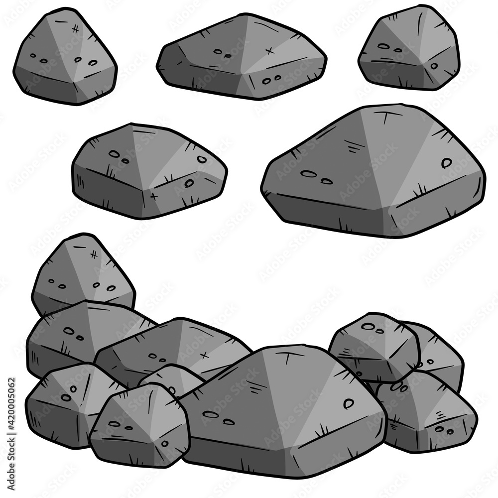 Set of gray cartoon granite stones of different shapes. Element of ...