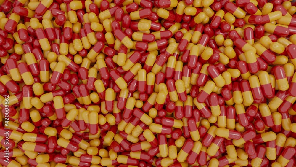 Top view 3D animation of medical capsules or pills in a pharmaceutical ...