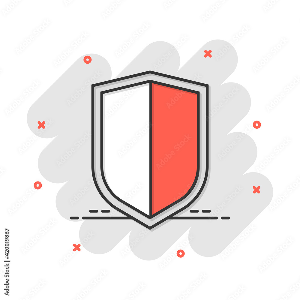 Vector cartoon shield protect icon in comic style. Defence sign ...