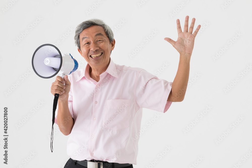 Kindly face good looking senior old Asian man with gray hair holding ...