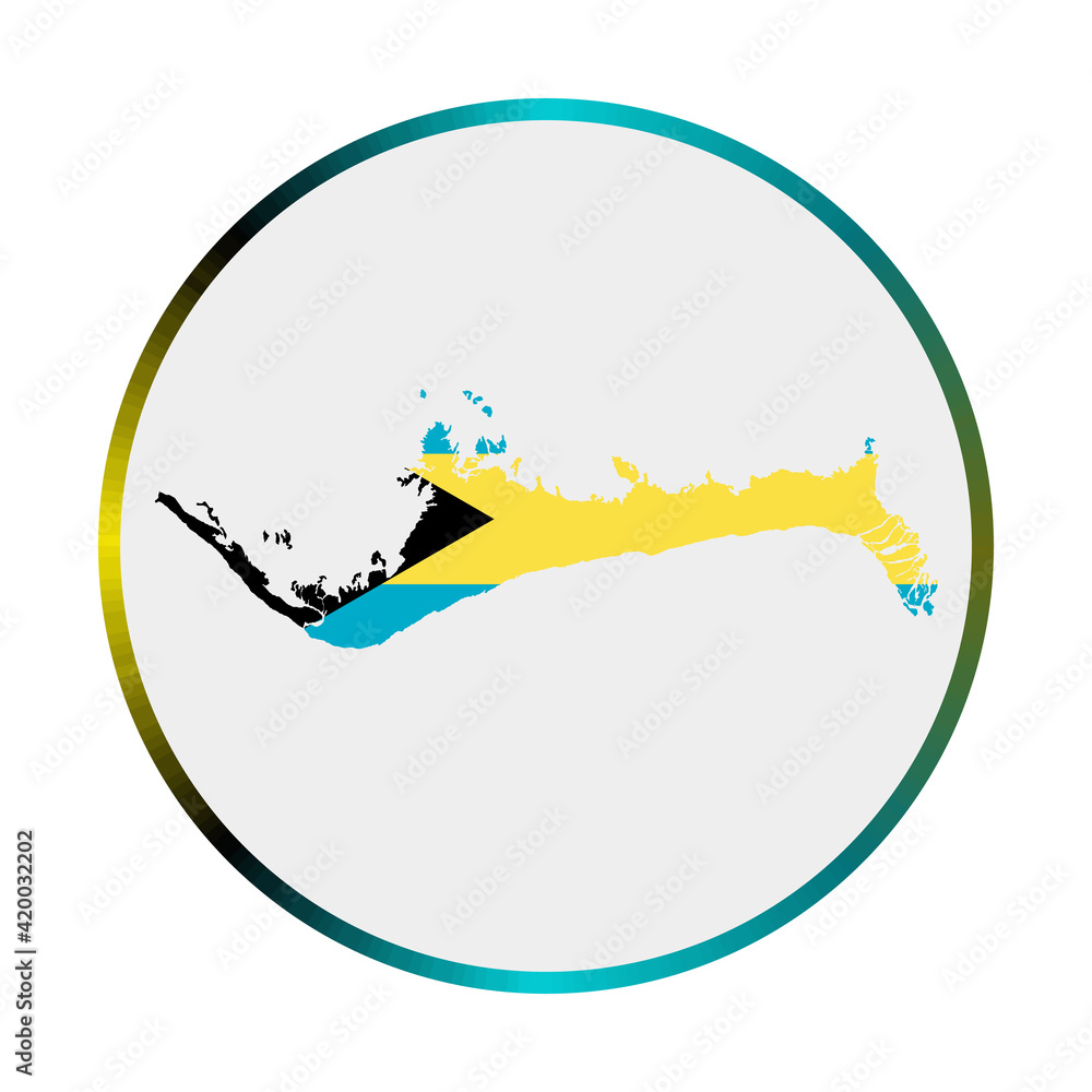 Grand Bahama icon. Shape of the island with Grand Bahama flag. Round ...